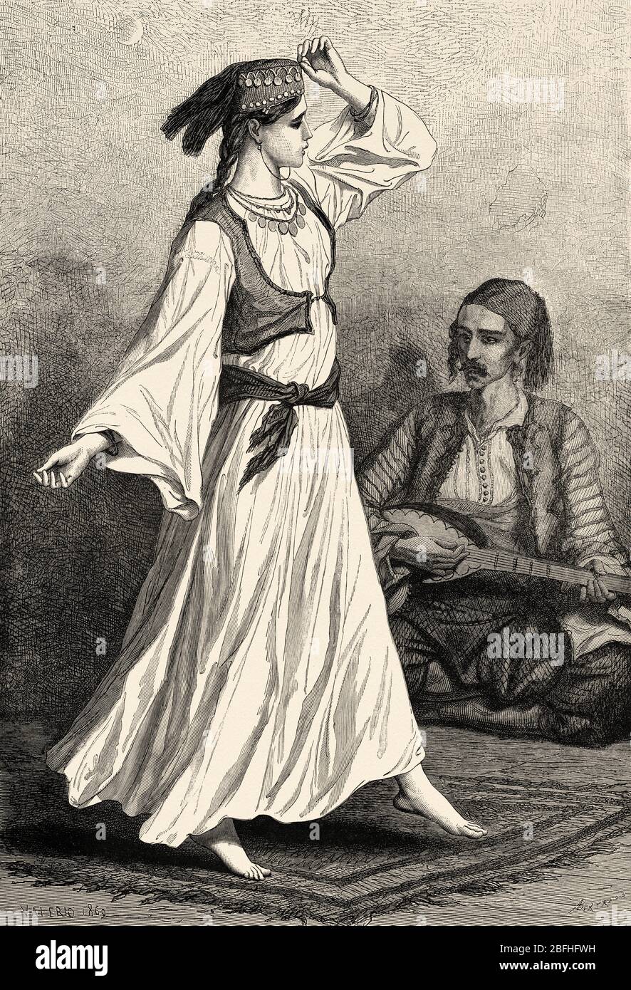 Bosnian woman dancing a typical dance. Bosnia. Europe, Old engraving ...