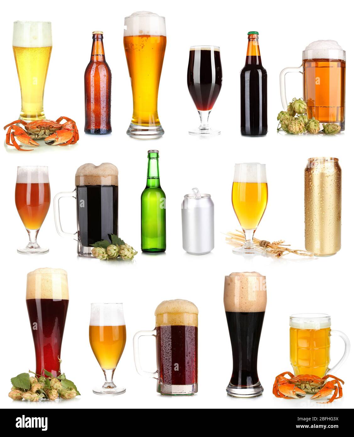 Lots of beer in different containers isolated on white Stock Photo - Alamy