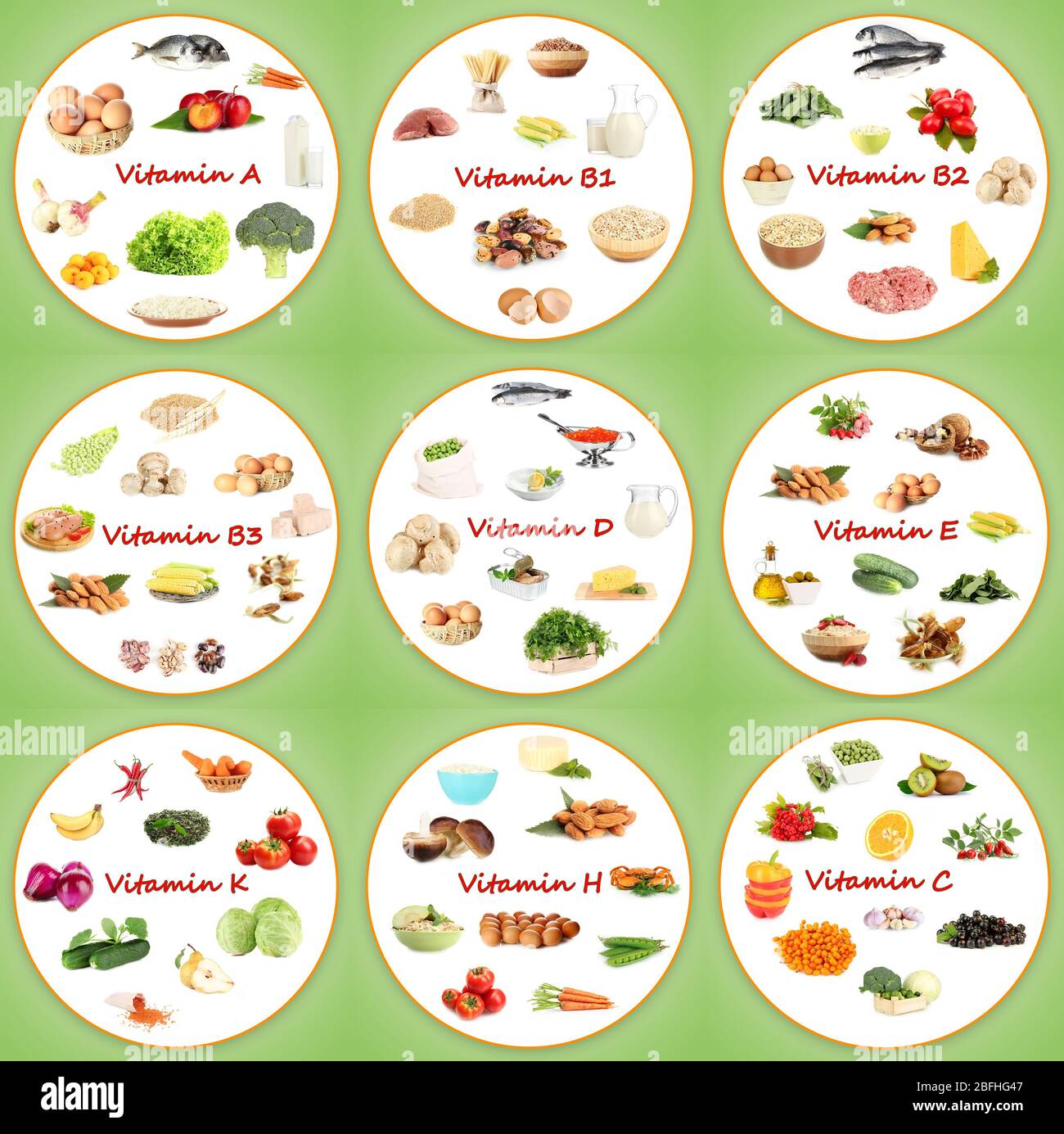 Collage of various food products containing vitamins Stock Photo - Alamy