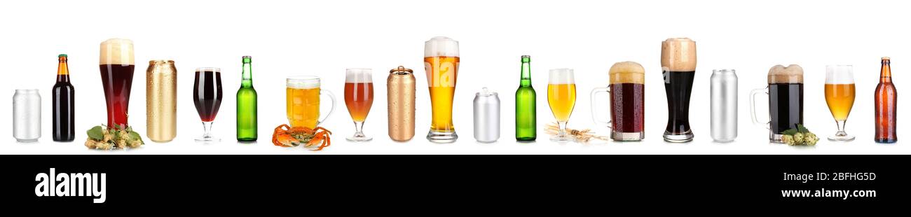 Lots of beer in different containers isolated on white Stock Photo - Alamy