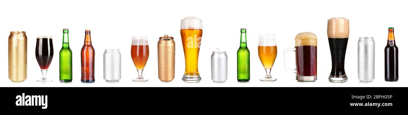 Lots of beer in different containers isolated on white Stock Photo - Alamy