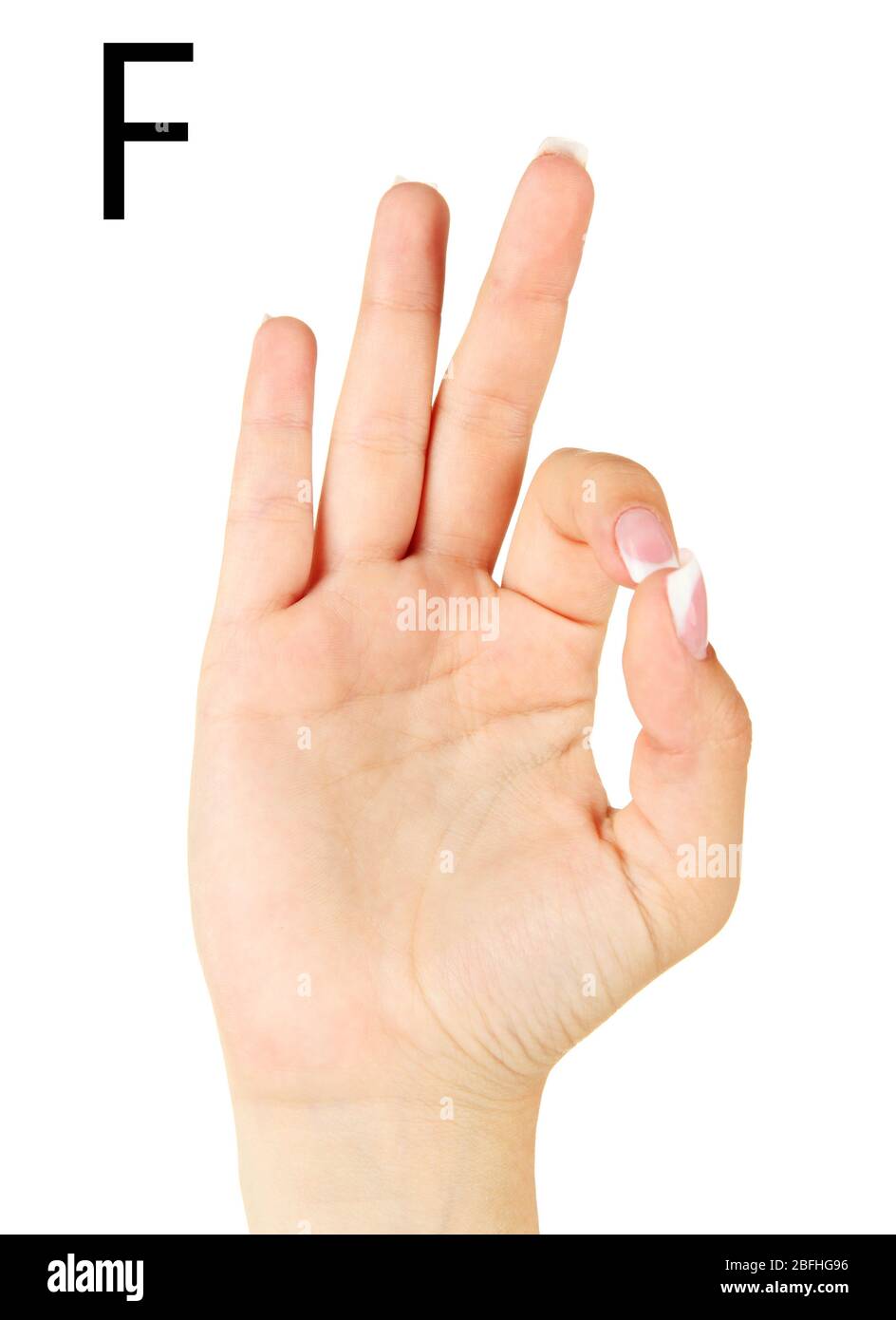 Finger Spelling the Alphabet in American Sign Language (ASL). Letter F Stock Photo - Alamy