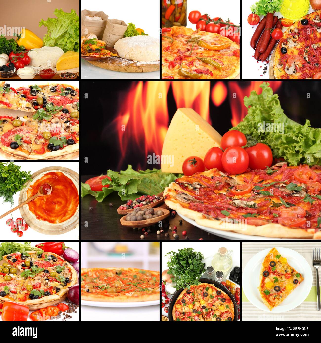 Collage of delicious pizza with ingredients Stock Photo - Alamy