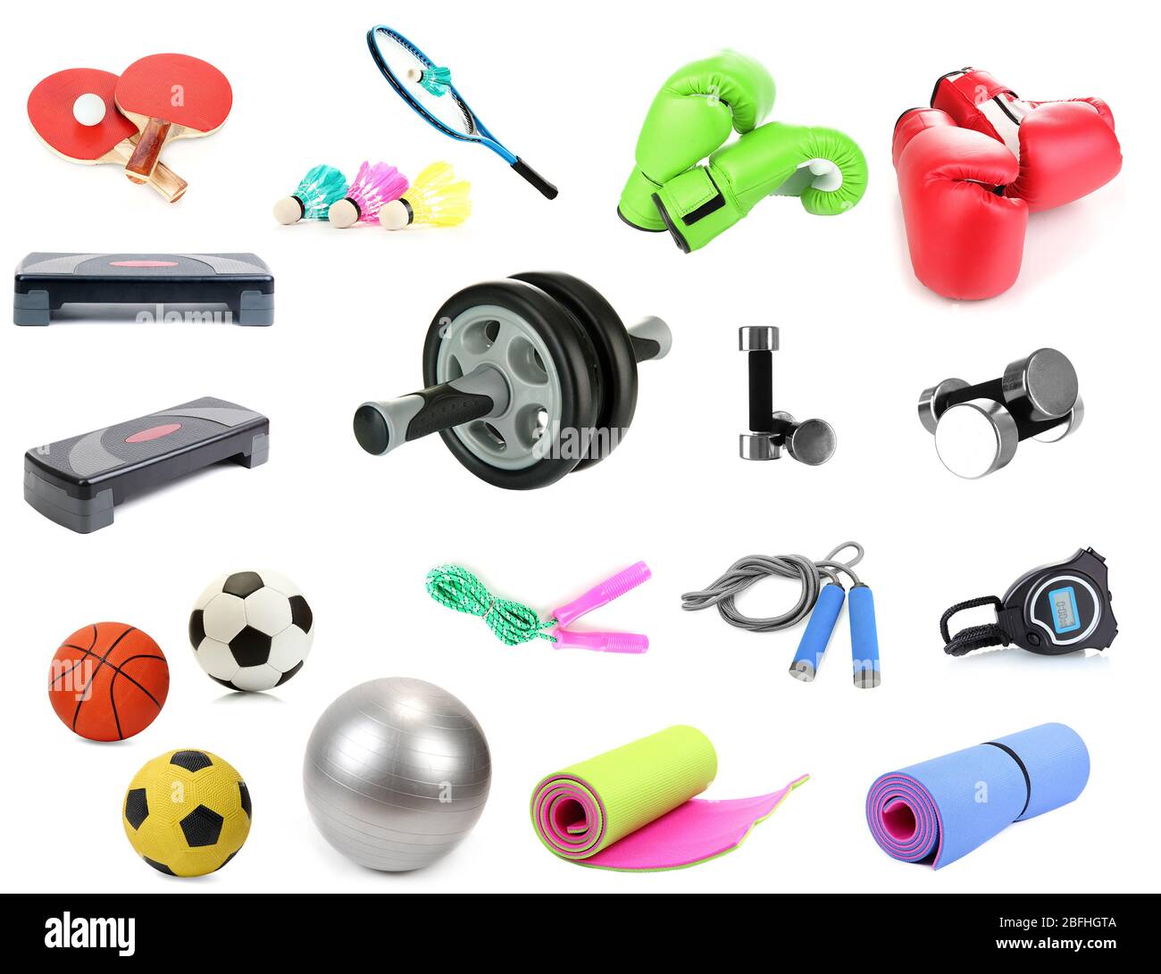Sports equipment collage isolated on white Stock Photo - Alamy