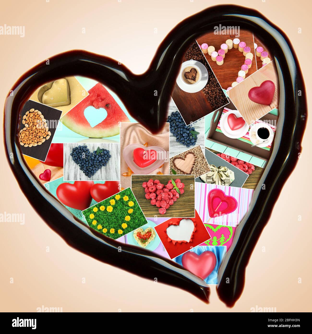 Collage of heart-shaped things in chocolate heart on beige background ...