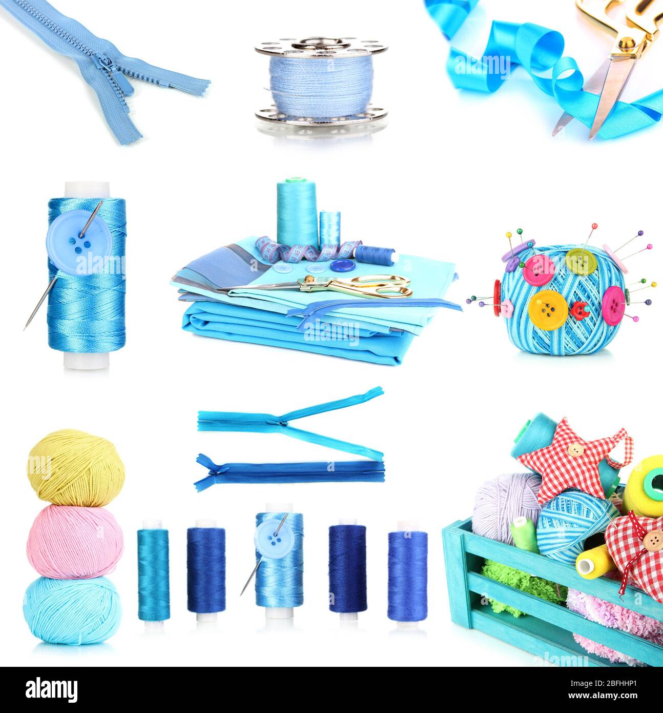 Collage of sewing equipment isolated on white Stock Photo - Alamy