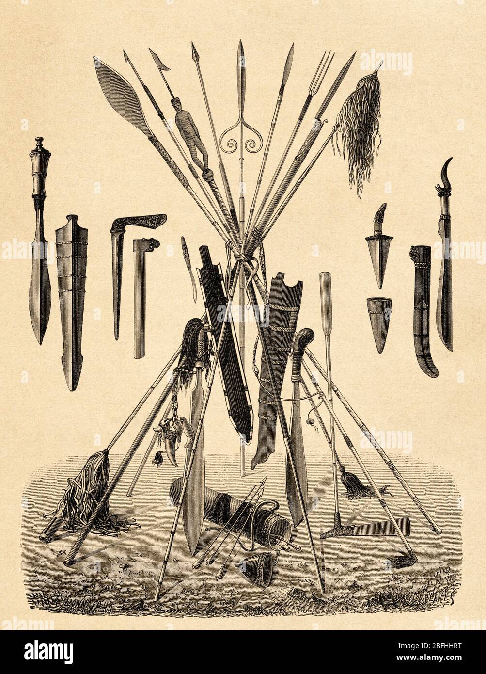 Weapons and tools, Borneo island, Indonesia, Asia. Old engraving ...