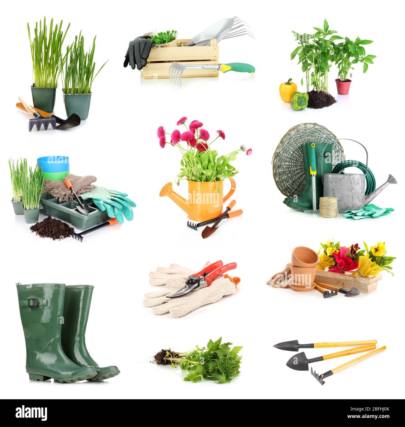 Collage of gardening equipment isolated on white Stock Photo - Alamy