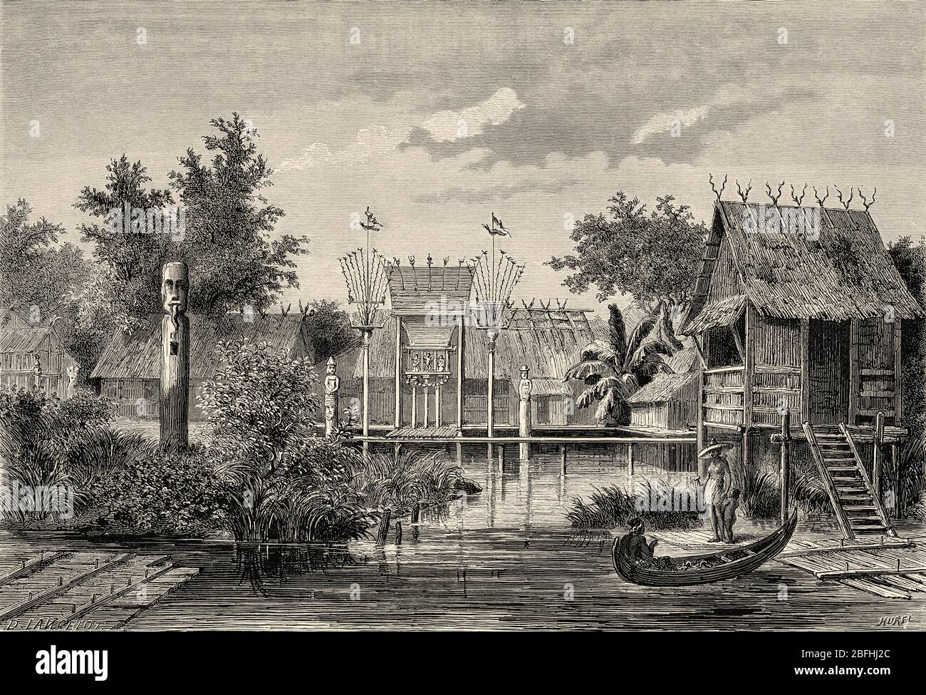 Fishing village on the island of Borneo, Indonesia, Asia. Old engraving ...