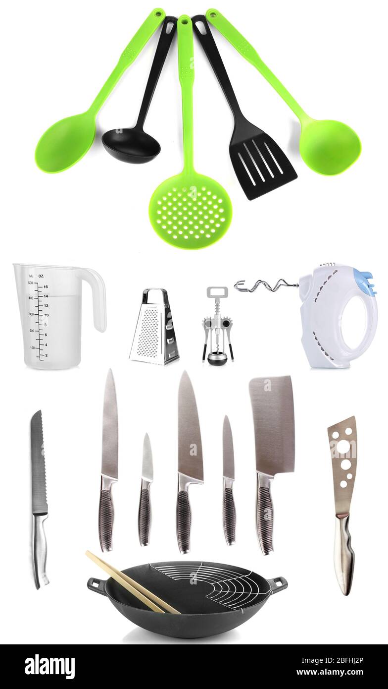 Kitchen tools collection isolated on white Stock Photo - Alamy