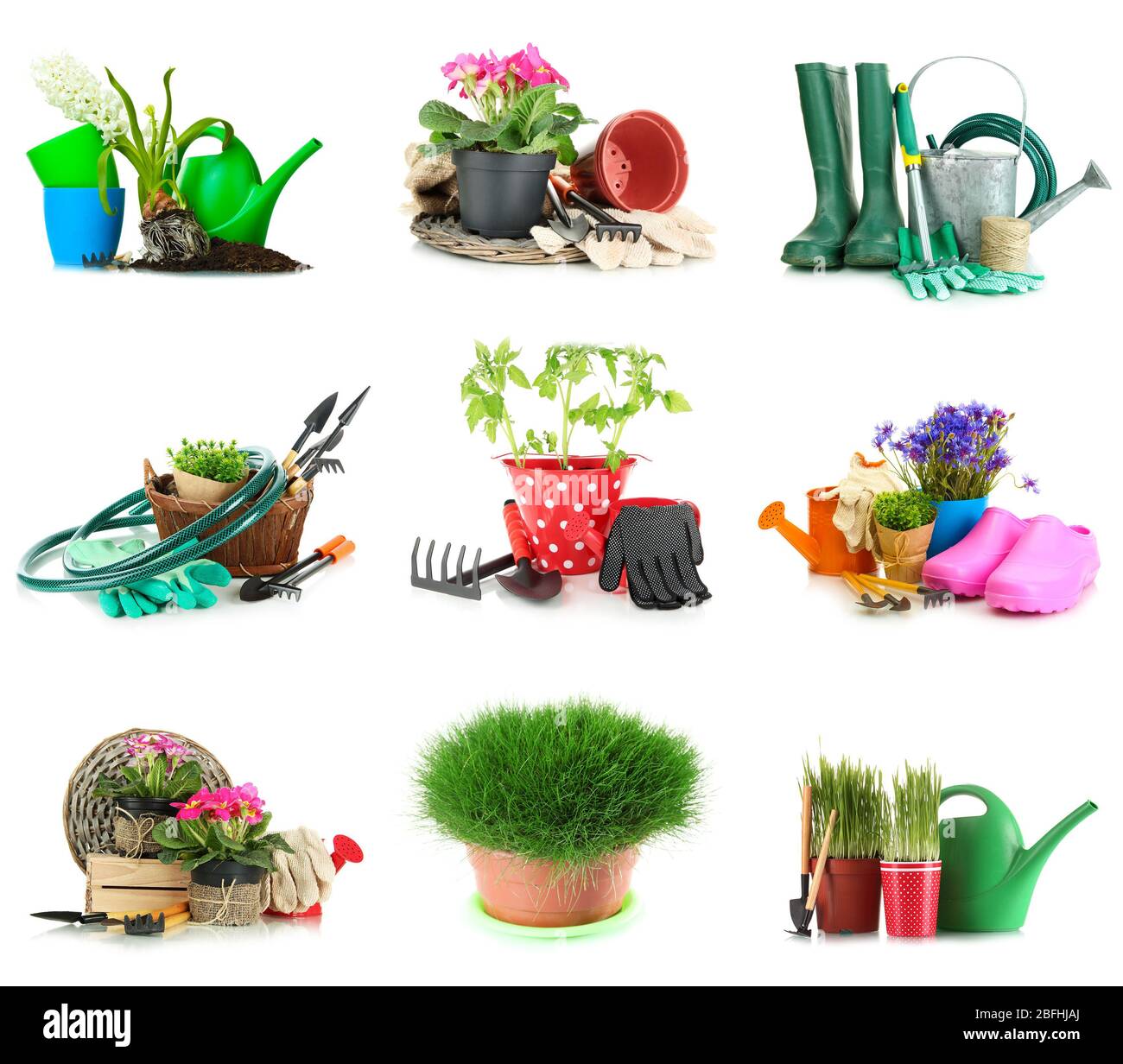 Collage of gardening equipment isolated on white Stock Photo - Alamy