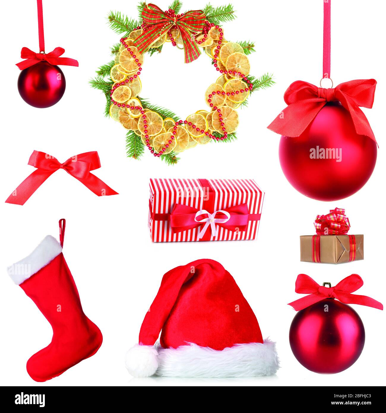 Group of Christmas objects isolated on white Stock Photo - Alamy