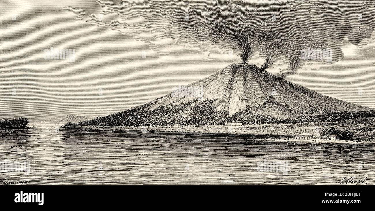 Banda Api volcano, Banda Islands, Indonesia, Asia. Old engraving ...