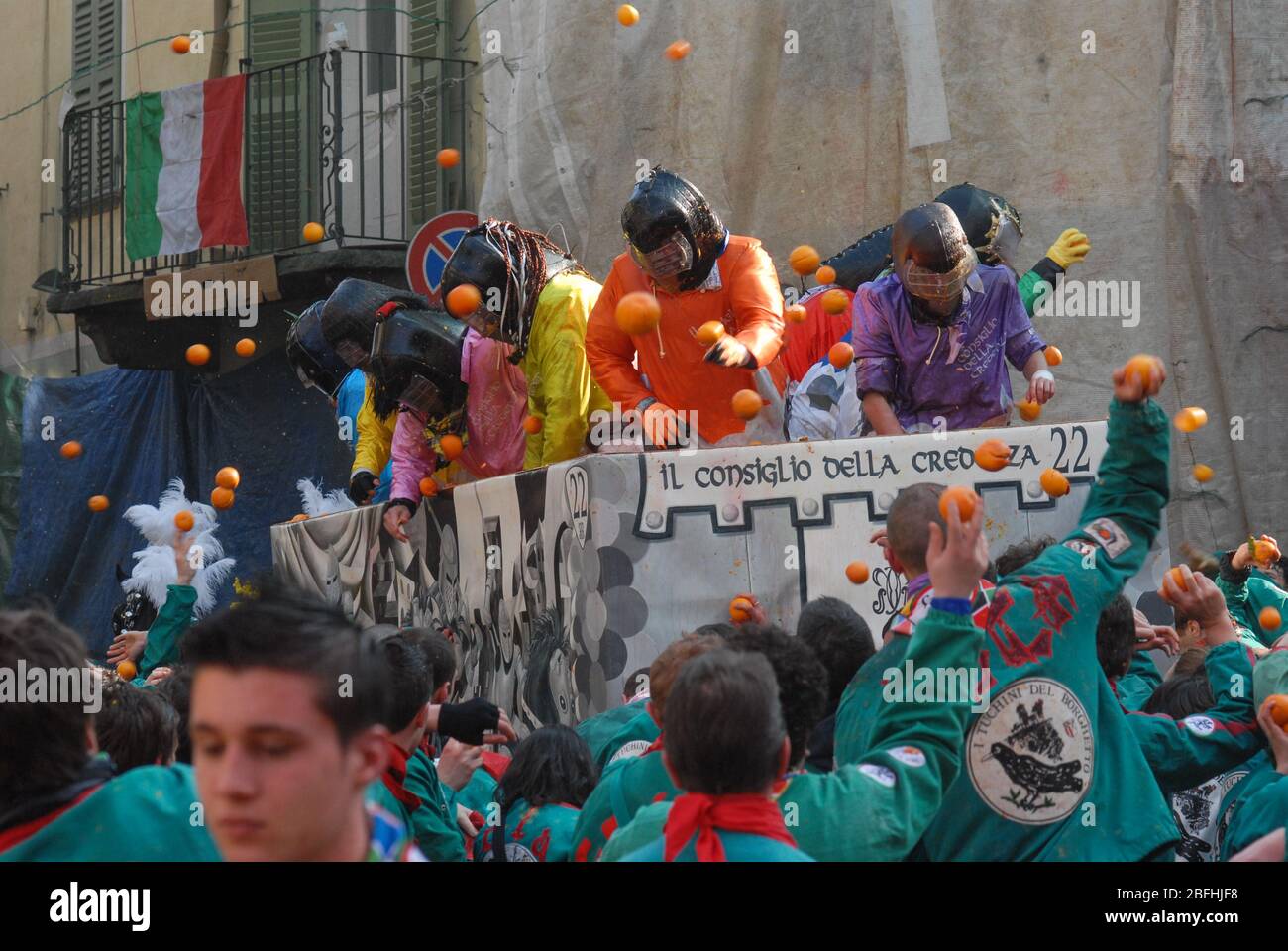 IVREA, ITALY -March 2011: The battle of the oranges at the Carnival of ...