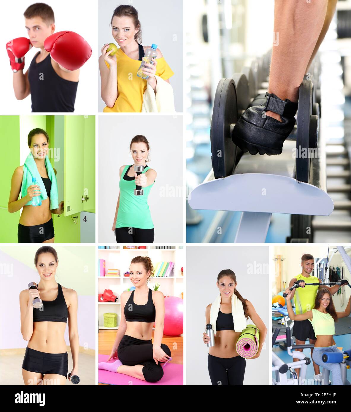 Collage of young people working out in gym Stock Photo - Alamy