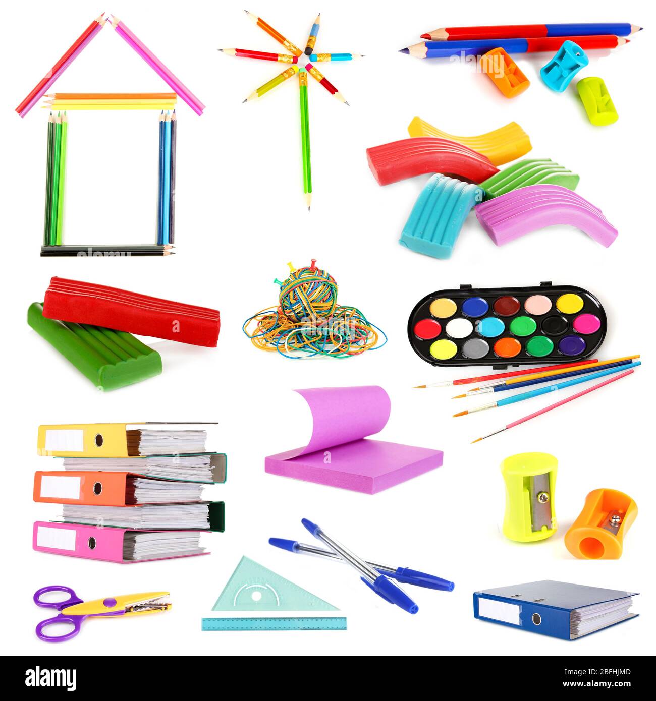 Collage of school and office supplies isolated on white Stock Photo - Alamy
