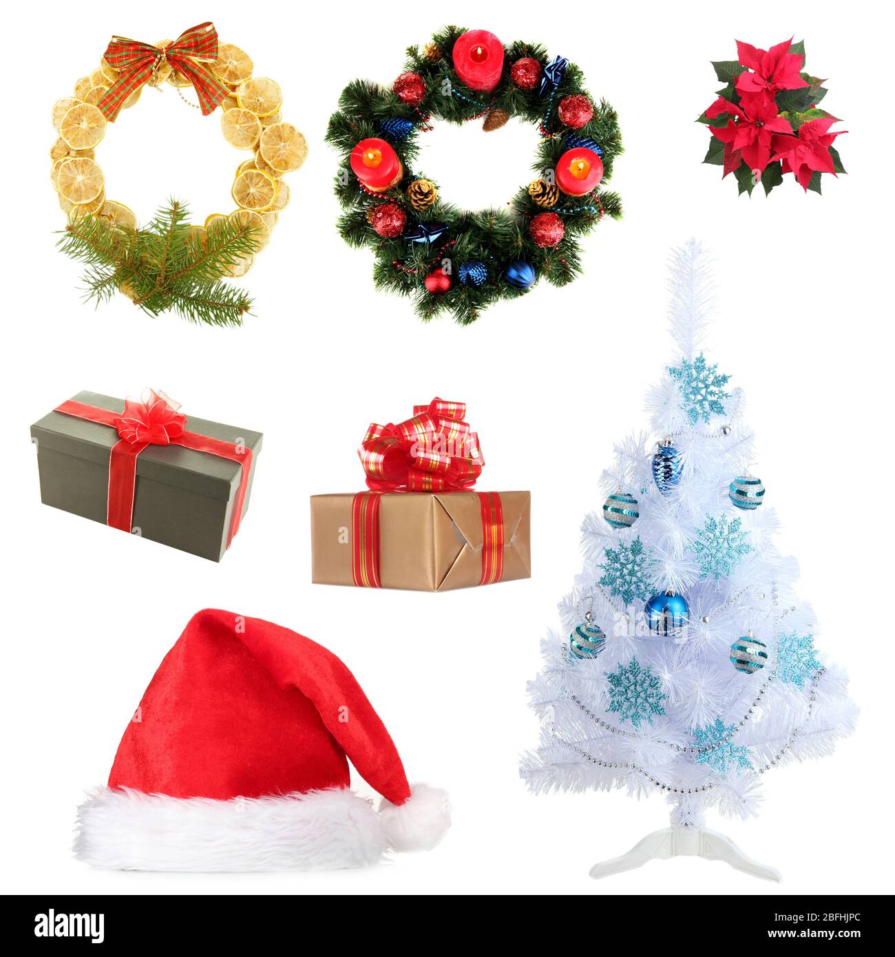 Group of Christmas objects isolated on white Stock Photo - Alamy