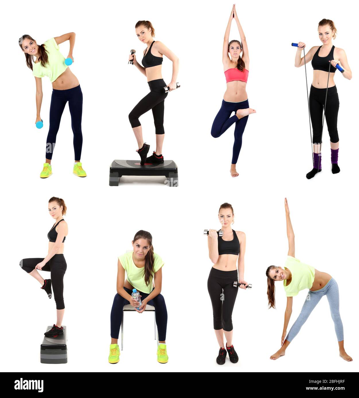 Young woman exercising collage isolated on white Stock Photo - Alamy
