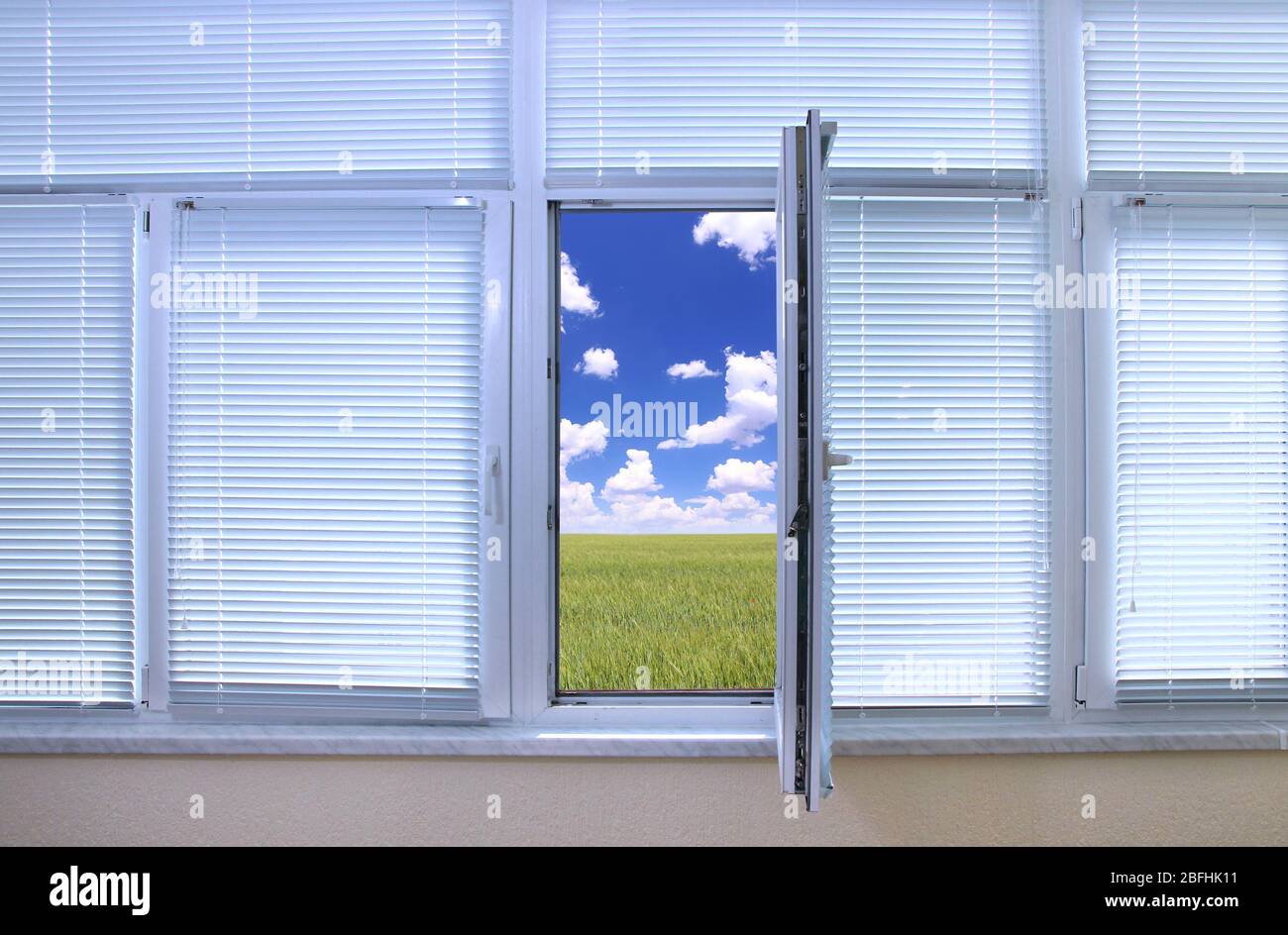 Field view through an open window in room Stock Photo - Alamy