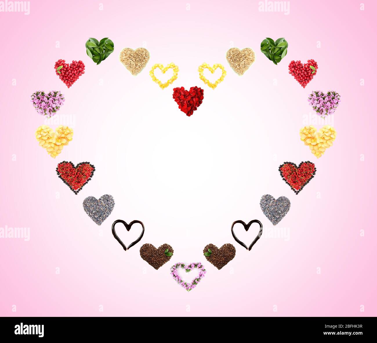 Collage of heart-shaped things on pink background Stock Photo - Alamy