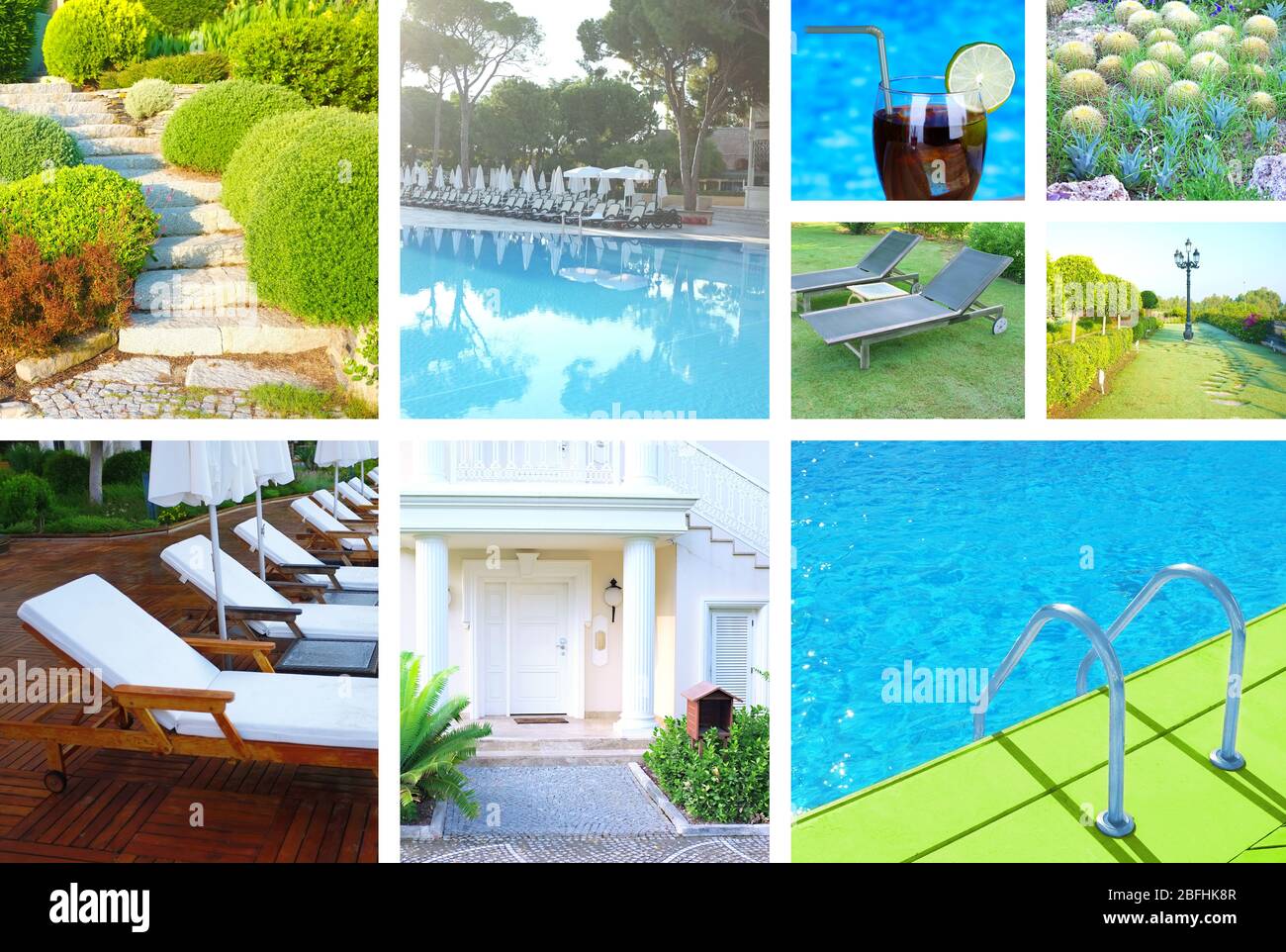 Collage with different photos of luxury touristic hotel Stock Photo - Alamy