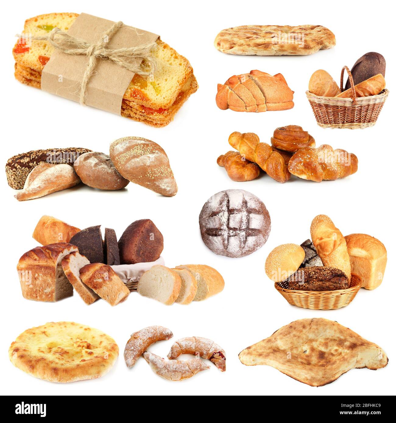 Collage of various bread isolated on white Stock Photo - Alamy