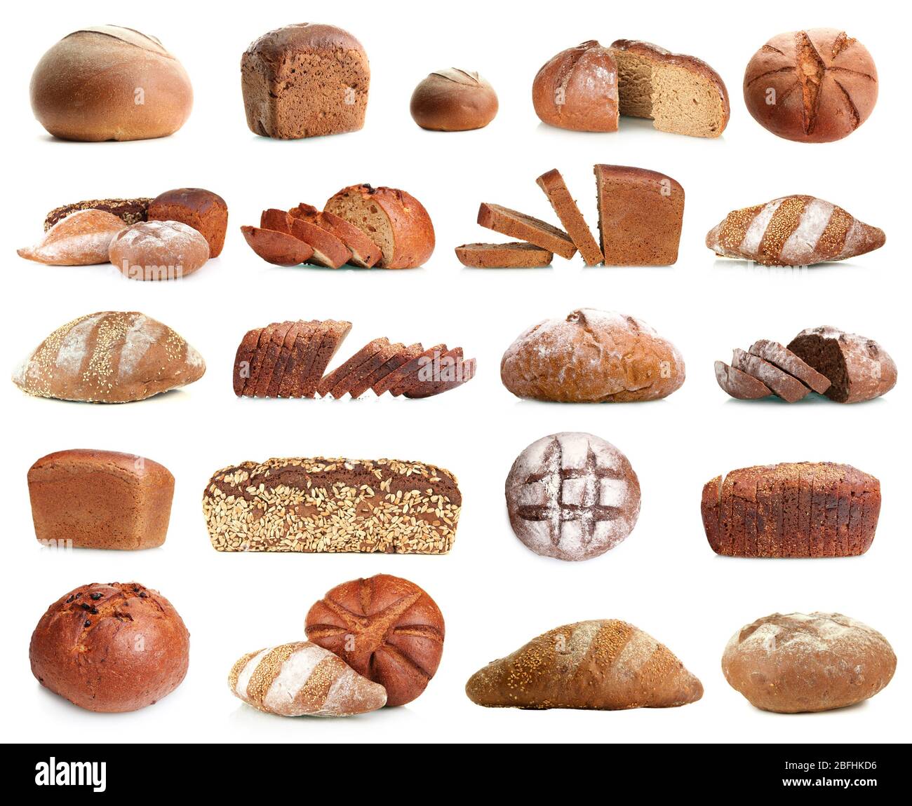 Collage of various bread isolated on white Stock Photo - Alamy
