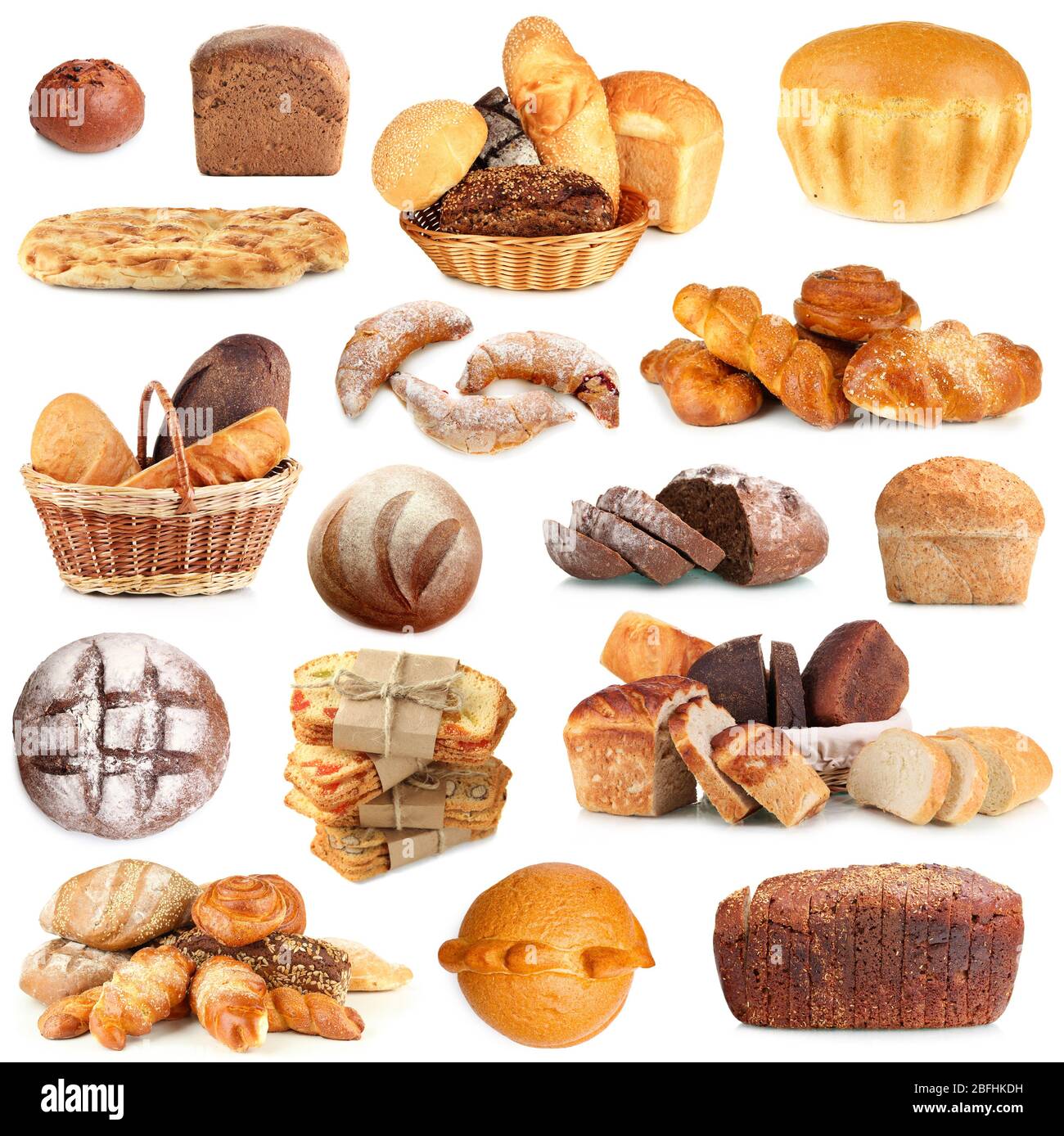 Collage of various bread isolated on white Stock Photo - Alamy
