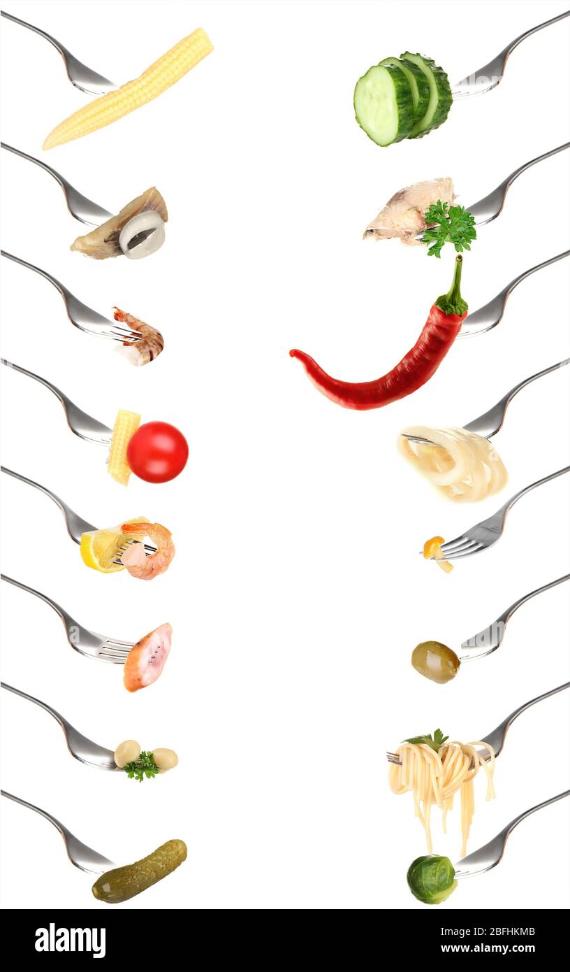 Collage of food on forks isolated on white Stock Photo - Alamy