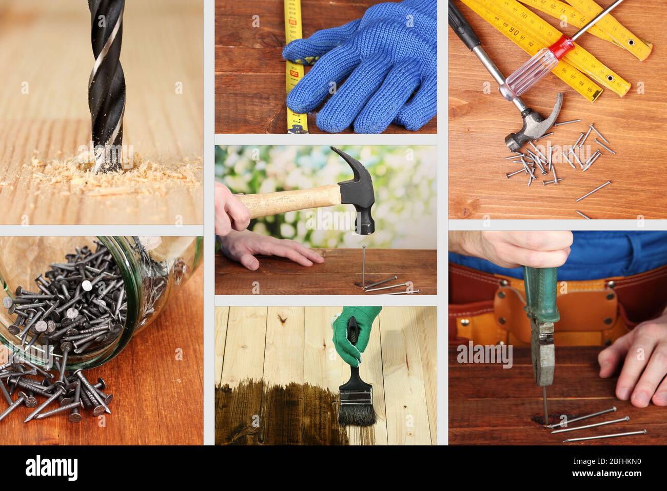 Collage of working man and carpentry tools Stock Photo - Alamy