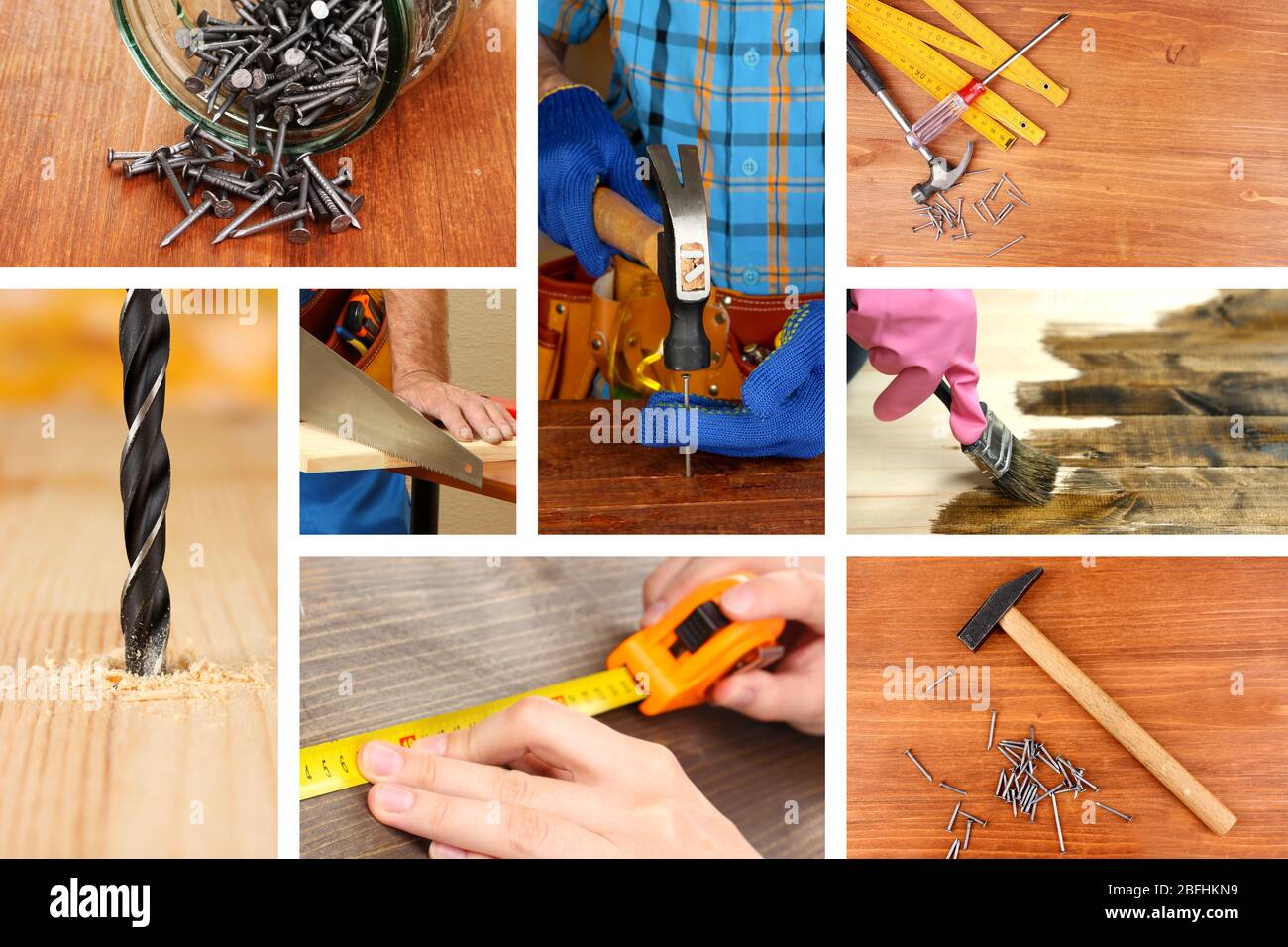 Collage of working man and carpentry tools Stock Photo - Alamy