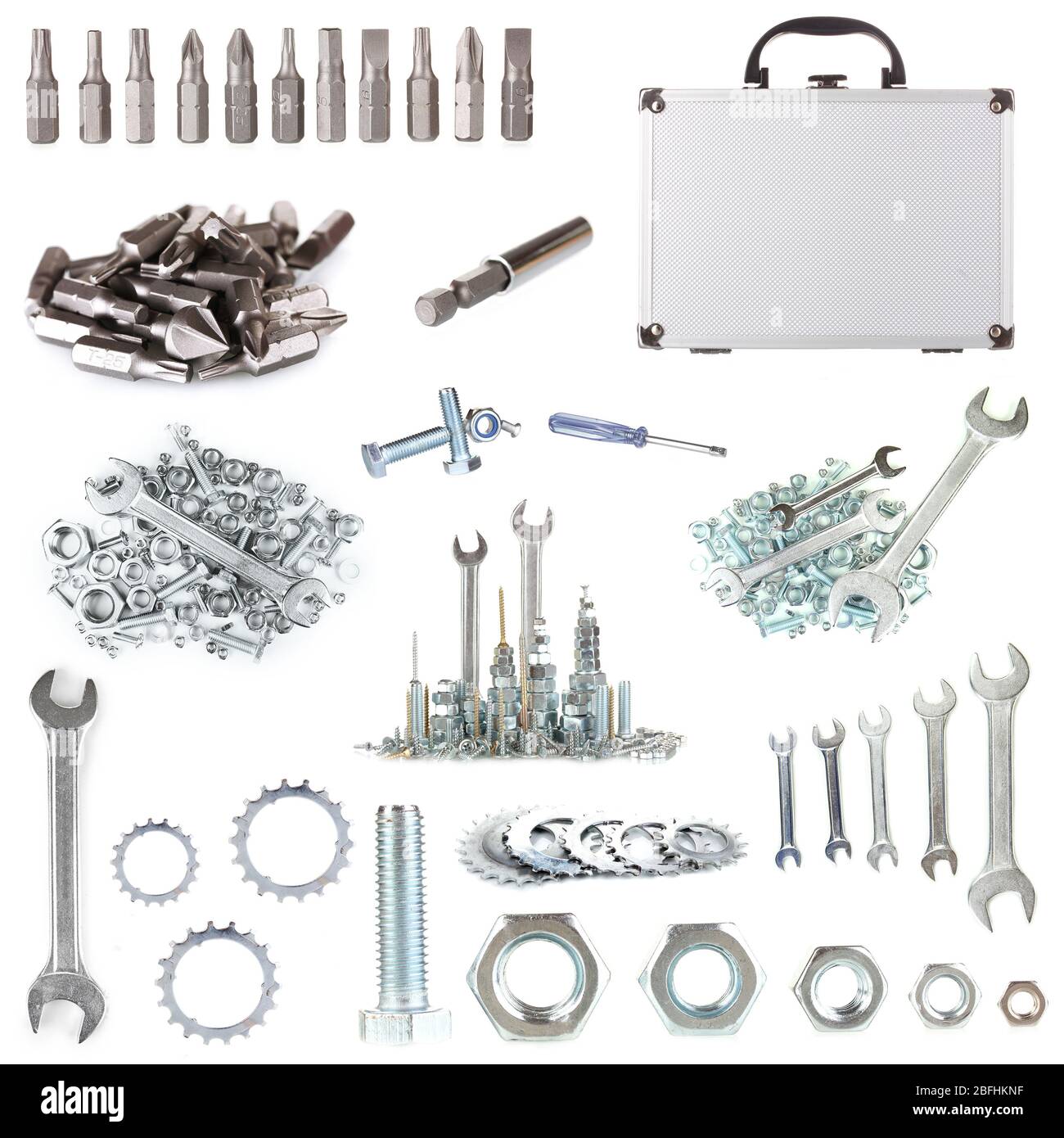 Collage of metal workshop tools isolated on white Stock Photo - Alamy