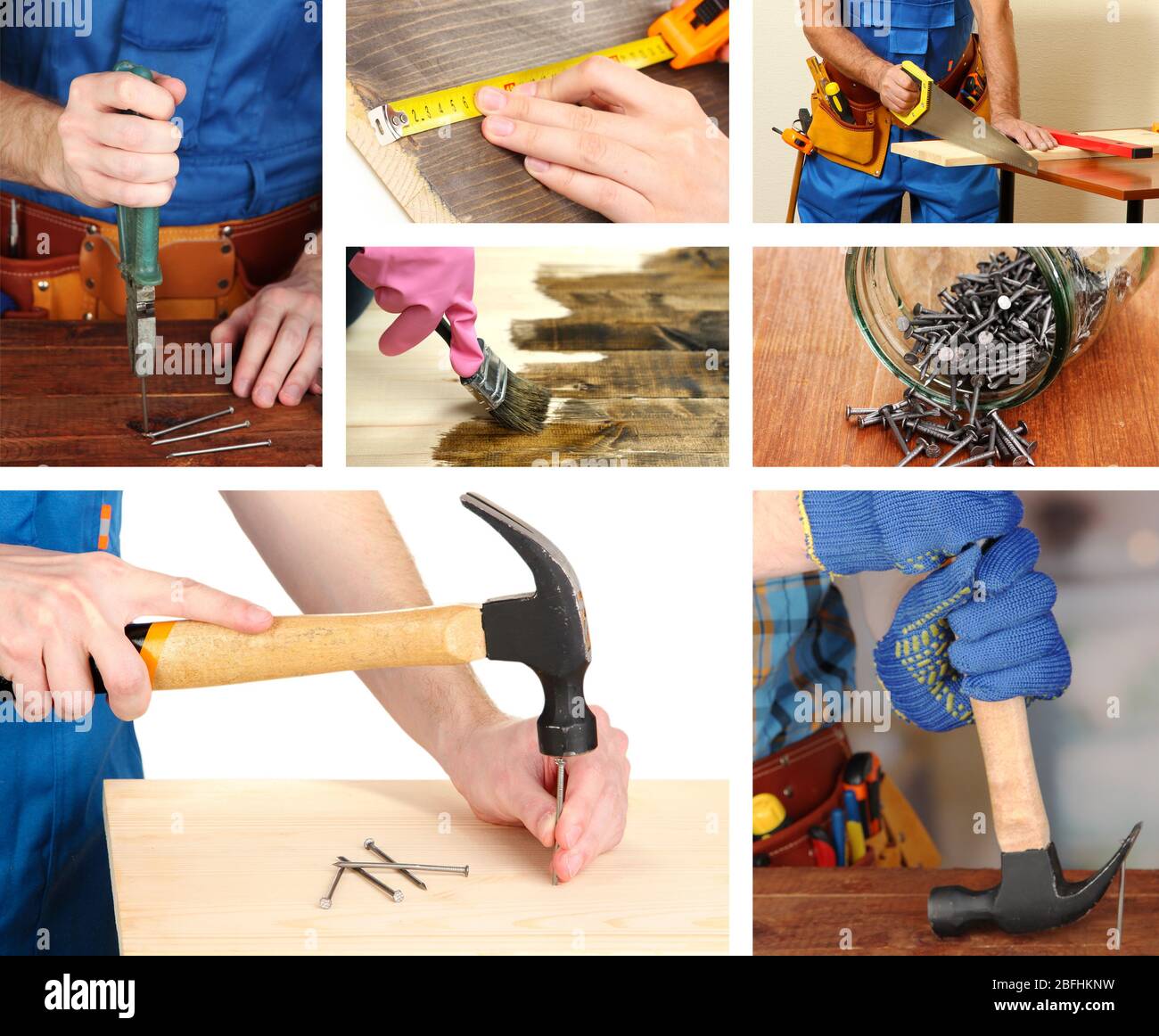 Collage of working man and carpentry tools Stock Photo - Alamy