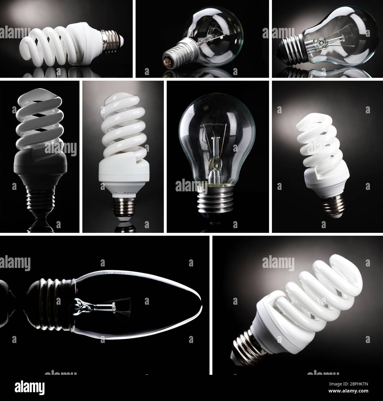 Collage of light bulbs on black background Stock Photo - Alamy