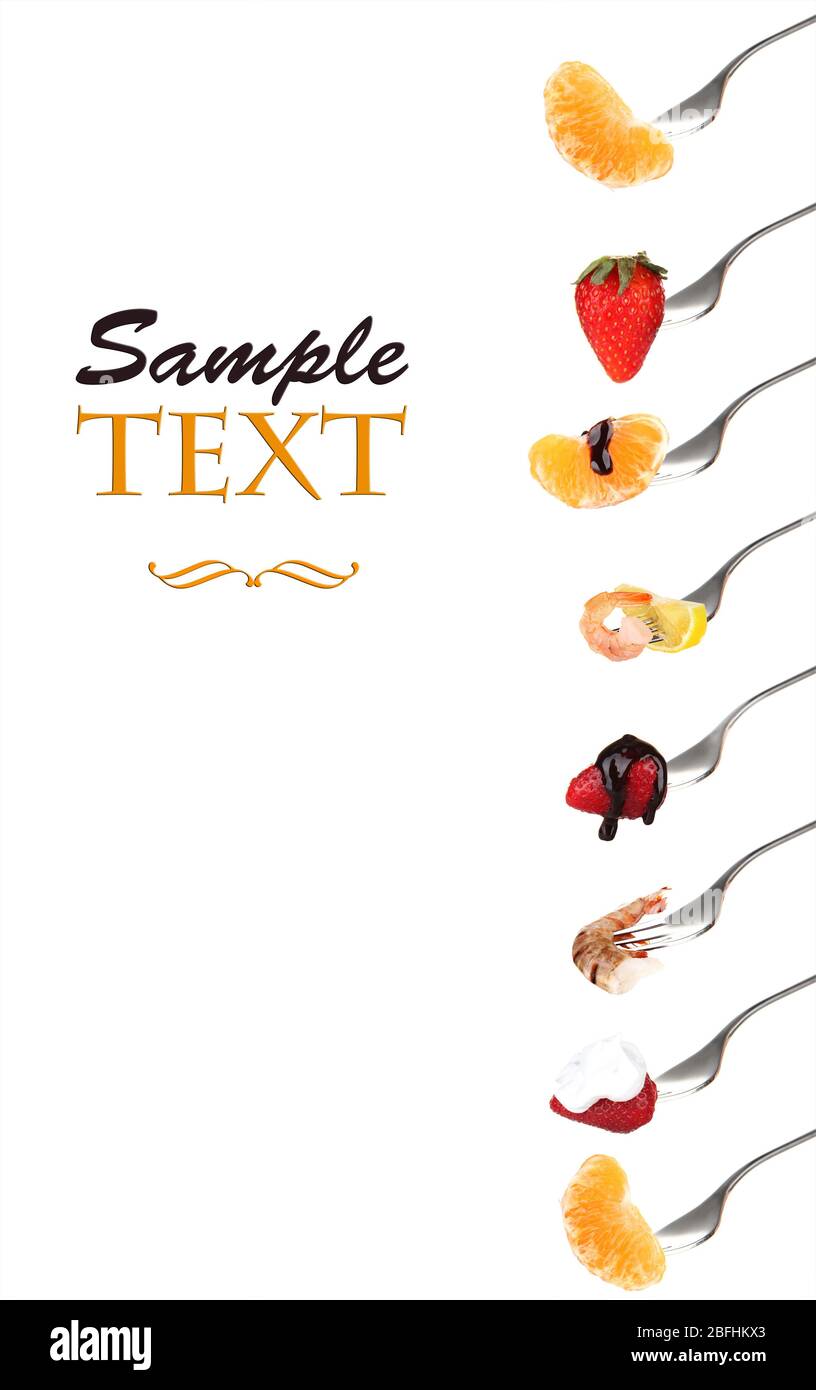 Collage of food on forks isolated on white Stock Photo - Alamy