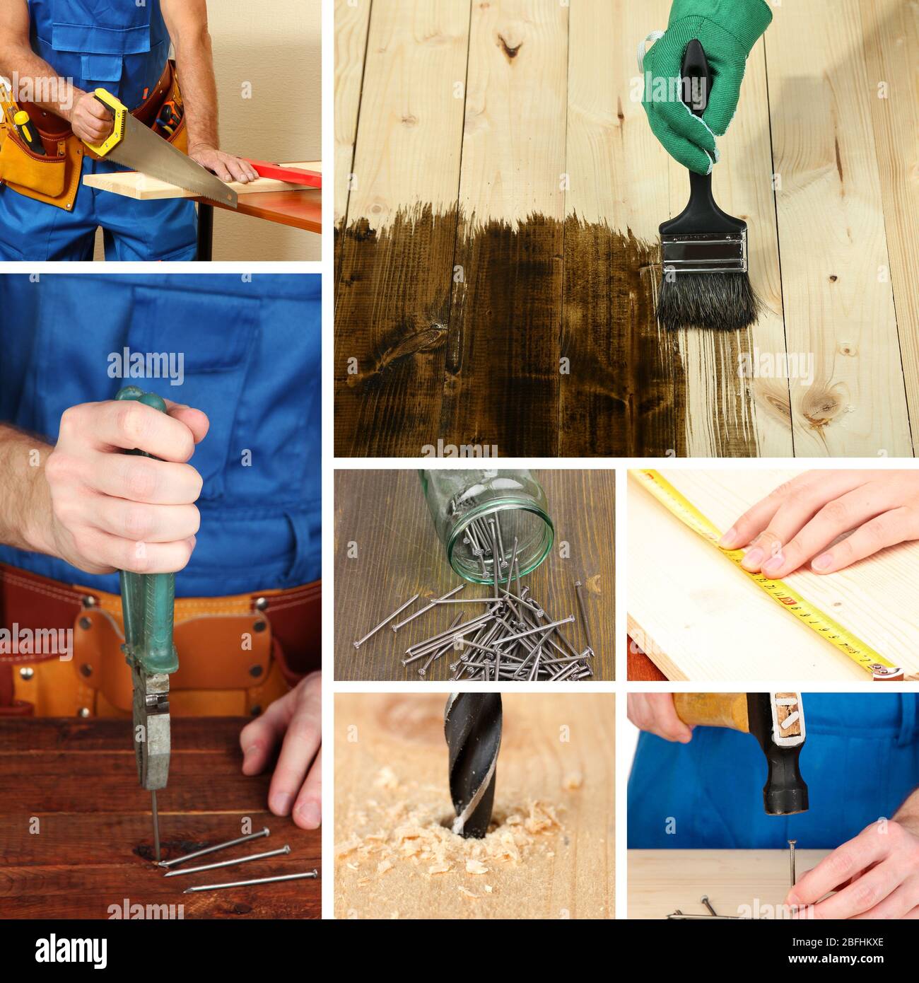 Collage of working man and carpentry tools Stock Photo - Alamy