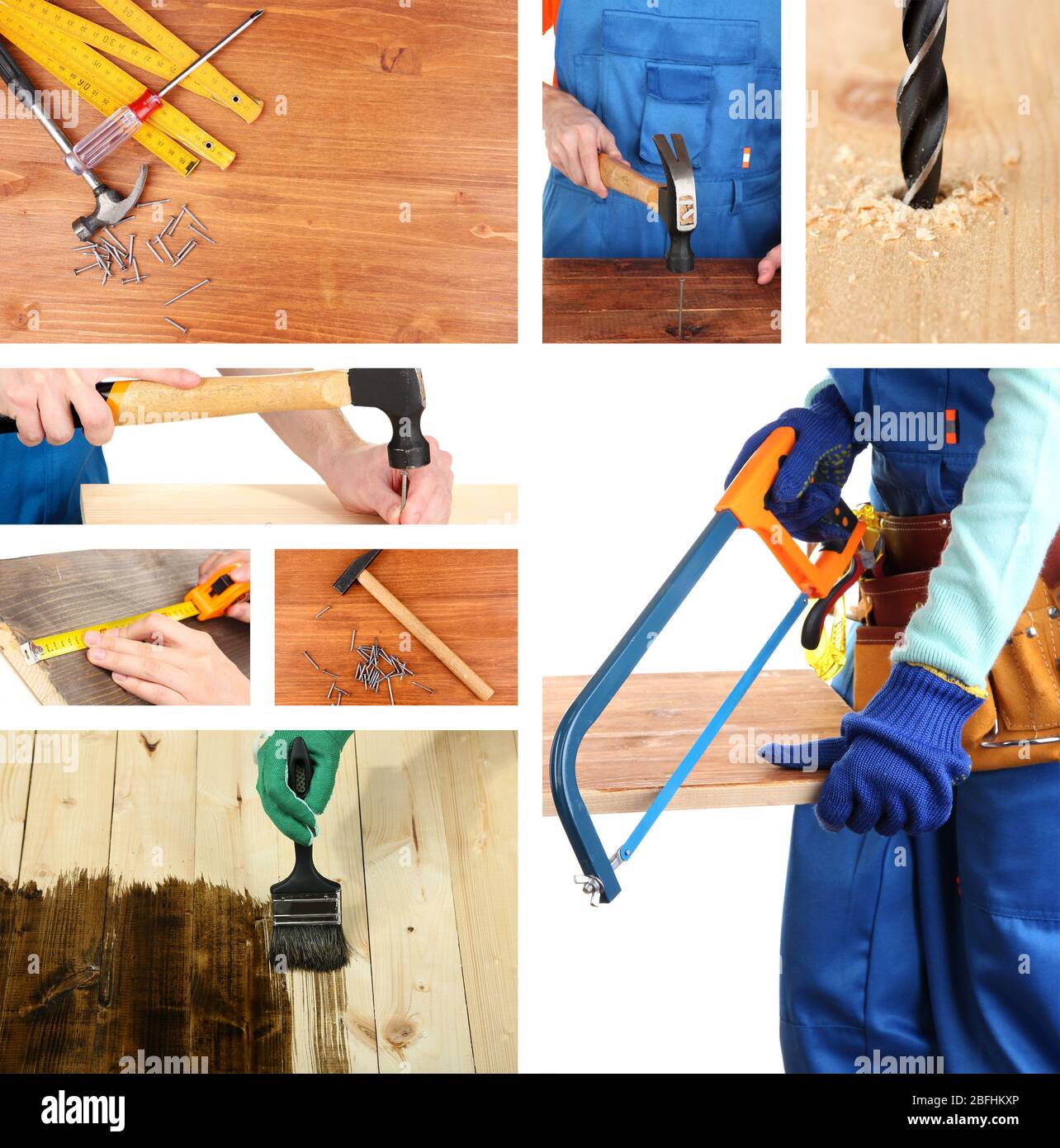 Collage of working man and carpentry tools Stock Photo - Alamy