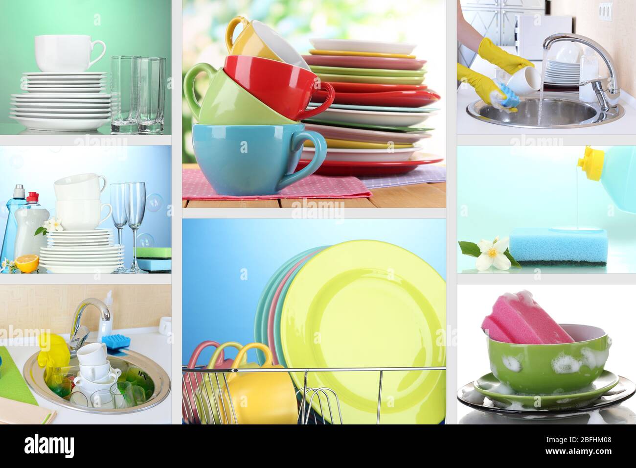 Collage of washing dishes close-up Stock Photo - Alamy