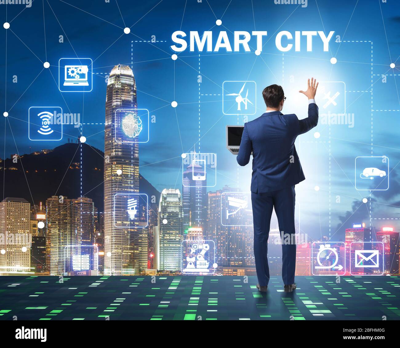 The concept of smart city with businessman pressing buttons Stock Photo ...