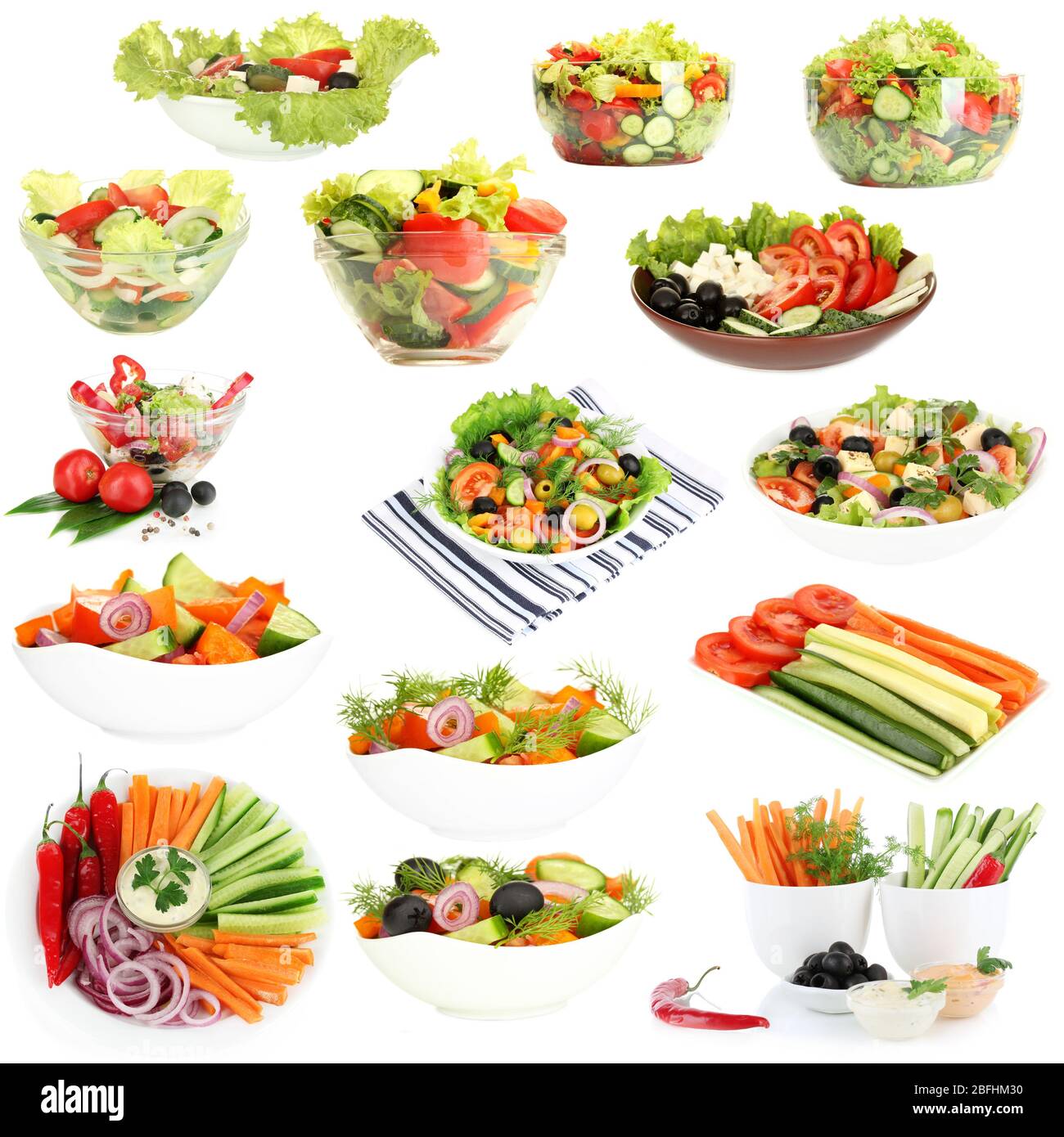 Collage of different salads isolated on white Stock Photo - Alamy