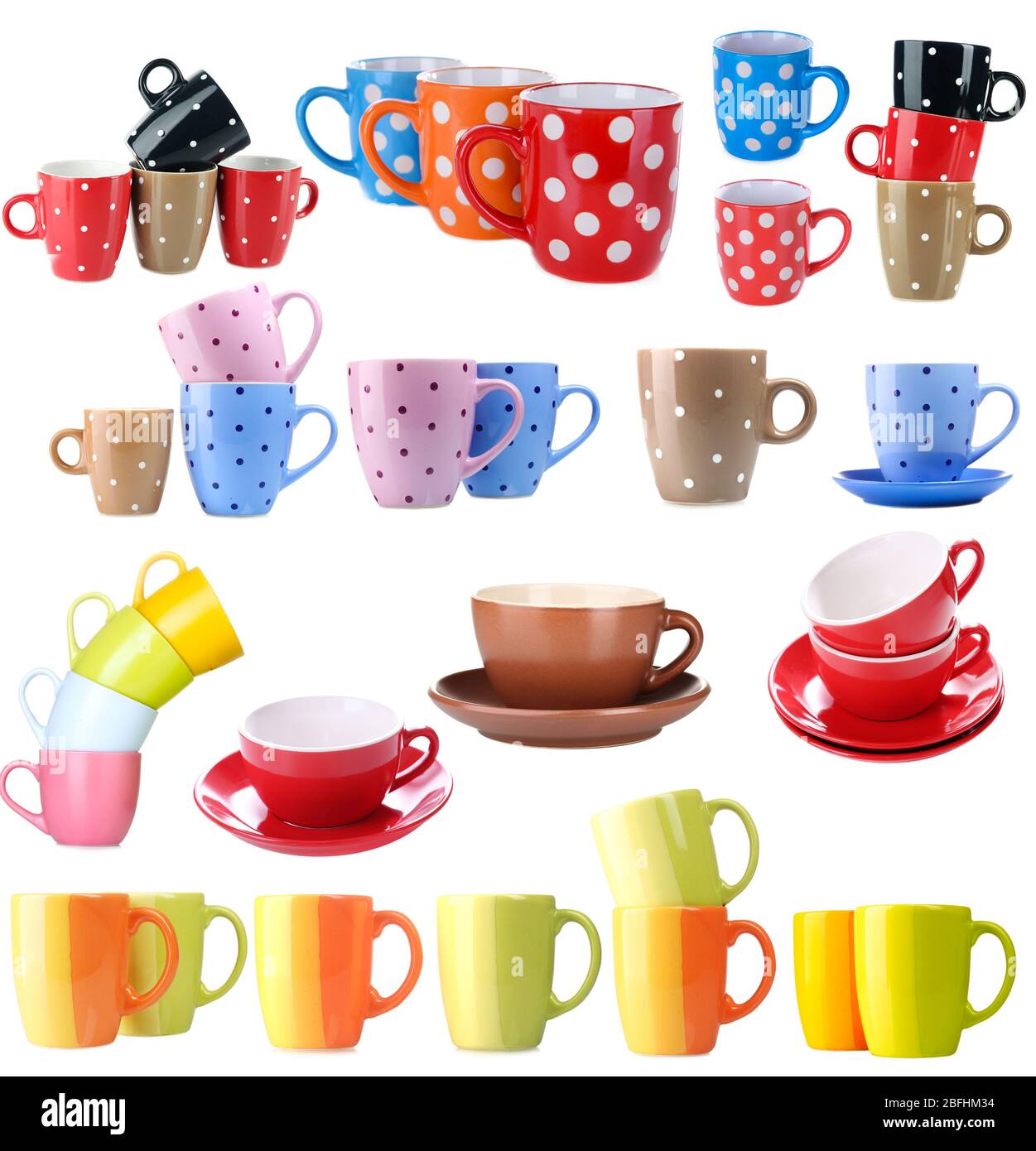Collage of colorful cups isolated on white Stock Photo - Alamy