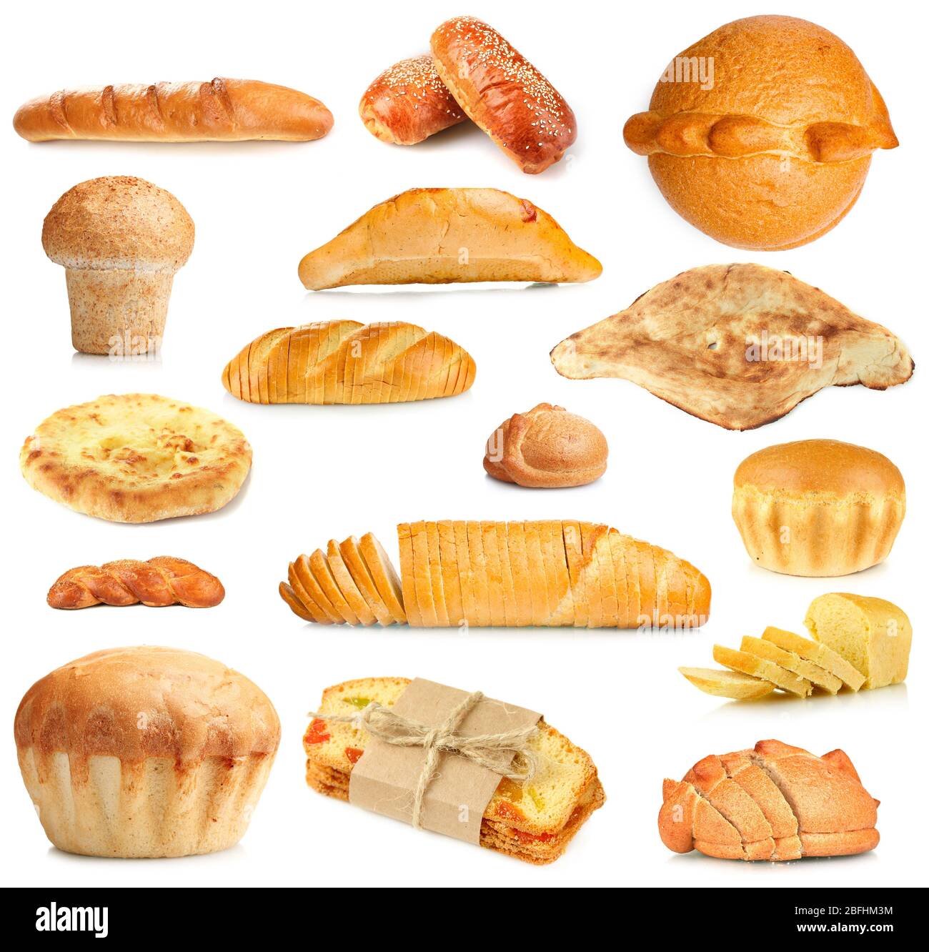 Collage of various bread isolated on white Stock Photo - Alamy