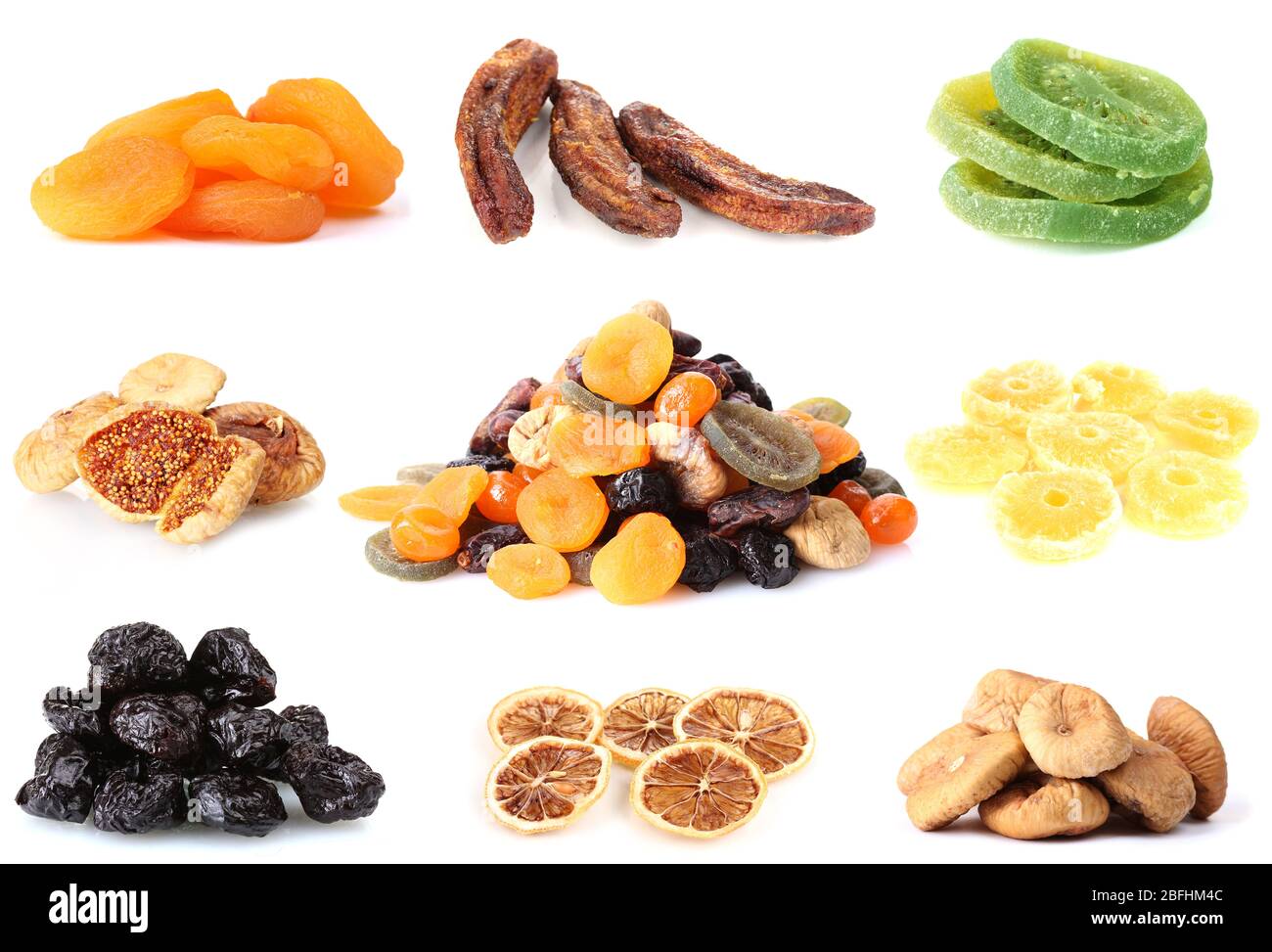 Collage of dried fruits isolated on white Stock Photo - Alamy