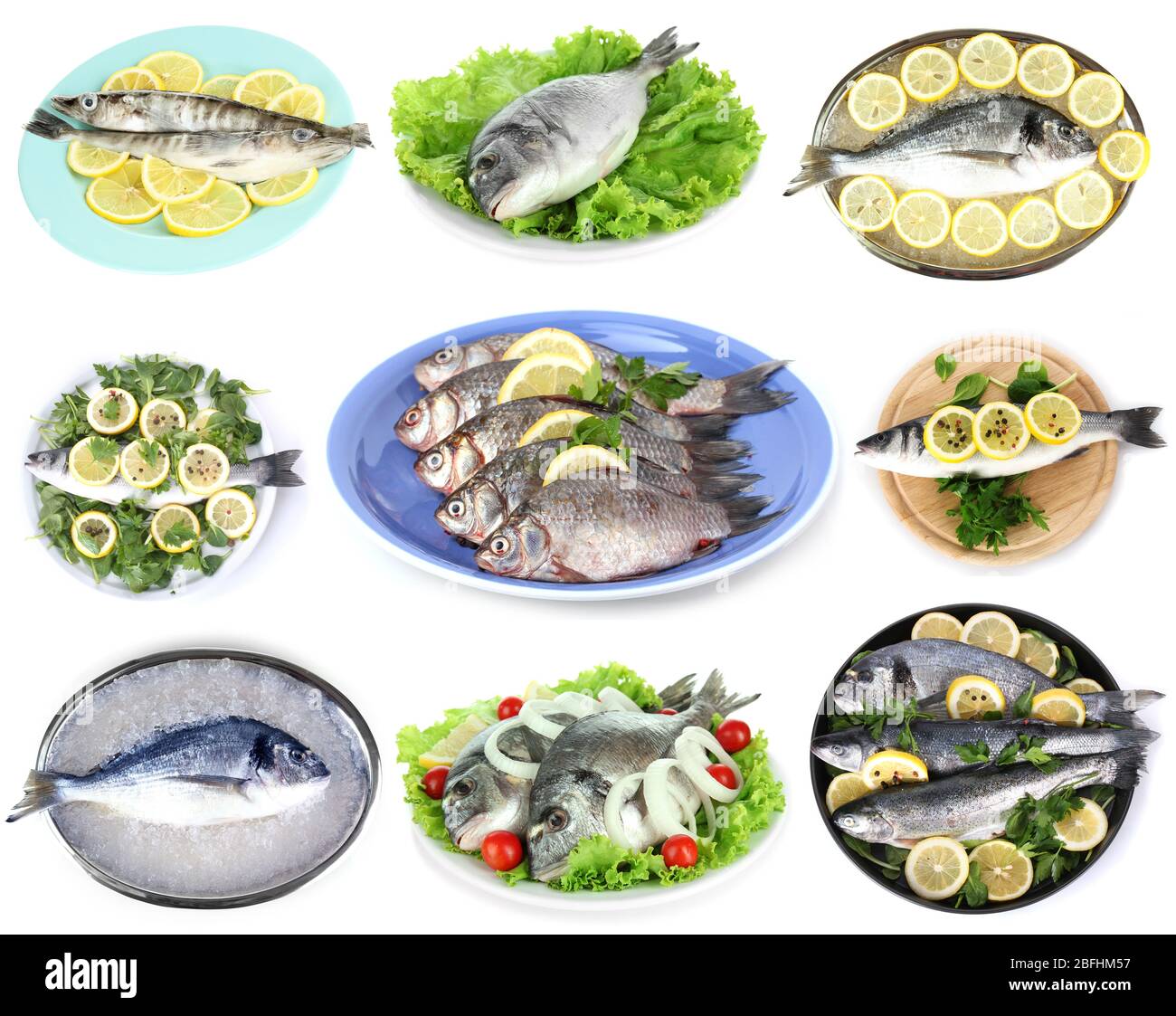 Fresh fish and fish dishes isolated white Stock Photo - Alamy