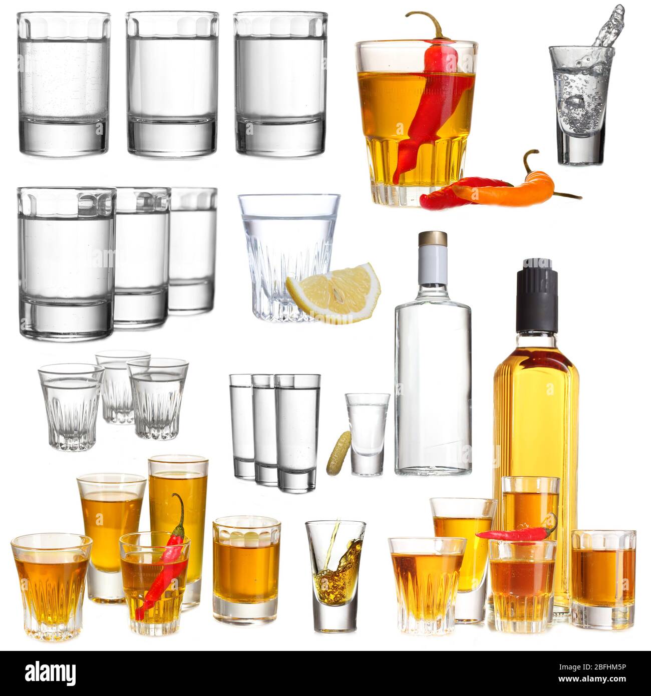 Collage of alcohol drinks. Vodka isolated on white Stock Photo - Alamy