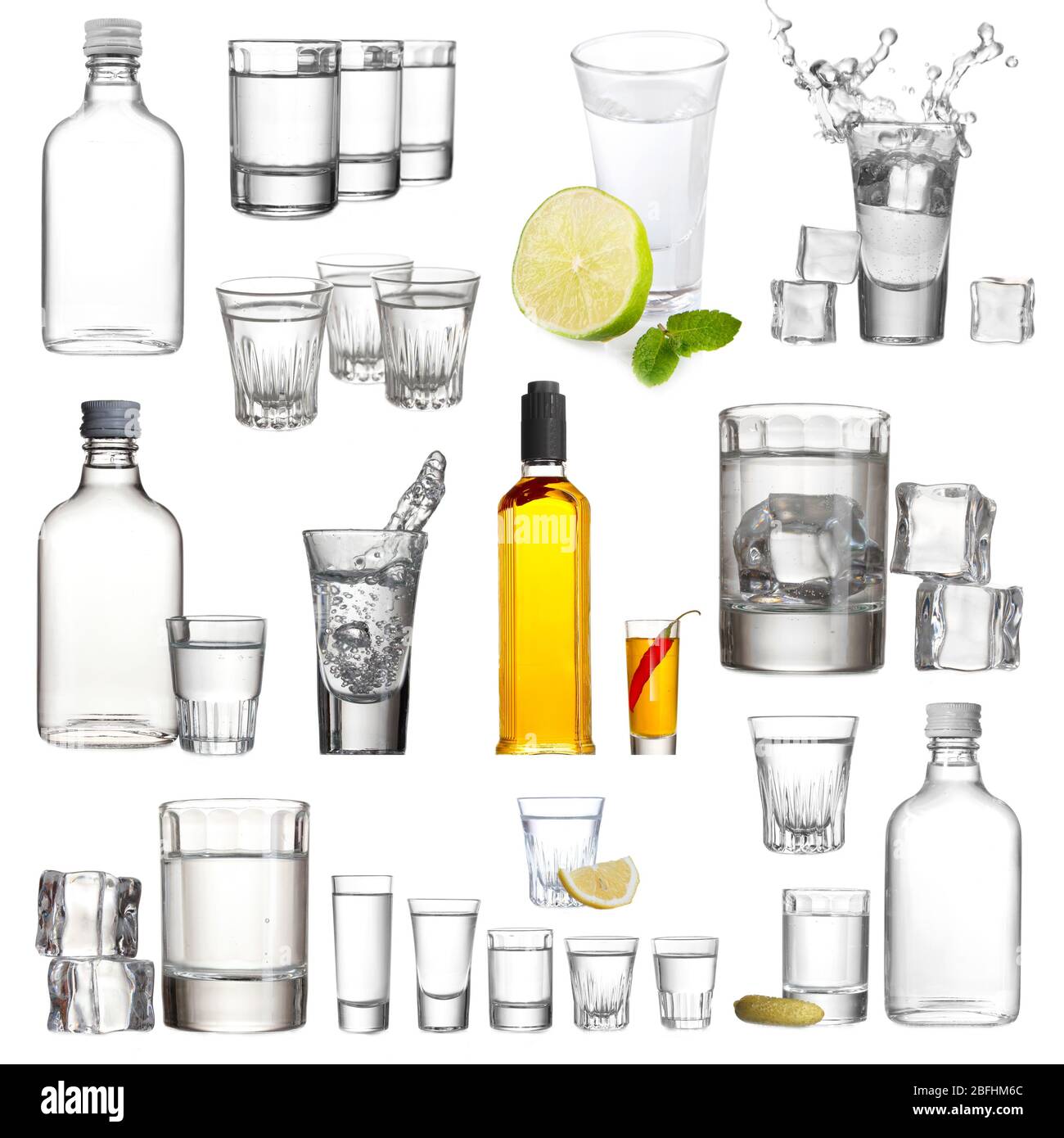 Collage of alcohol drinks. Vodka isolated on white Stock Photo - Alamy