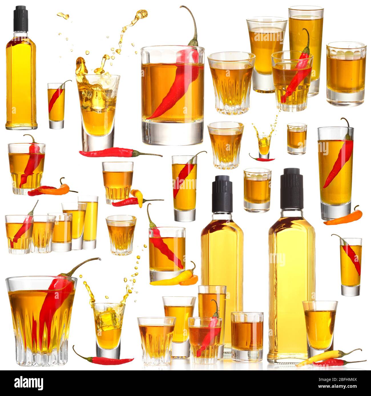 Collage of alcohol drinks. Pepper vodka isolated on white Stock Photo ...