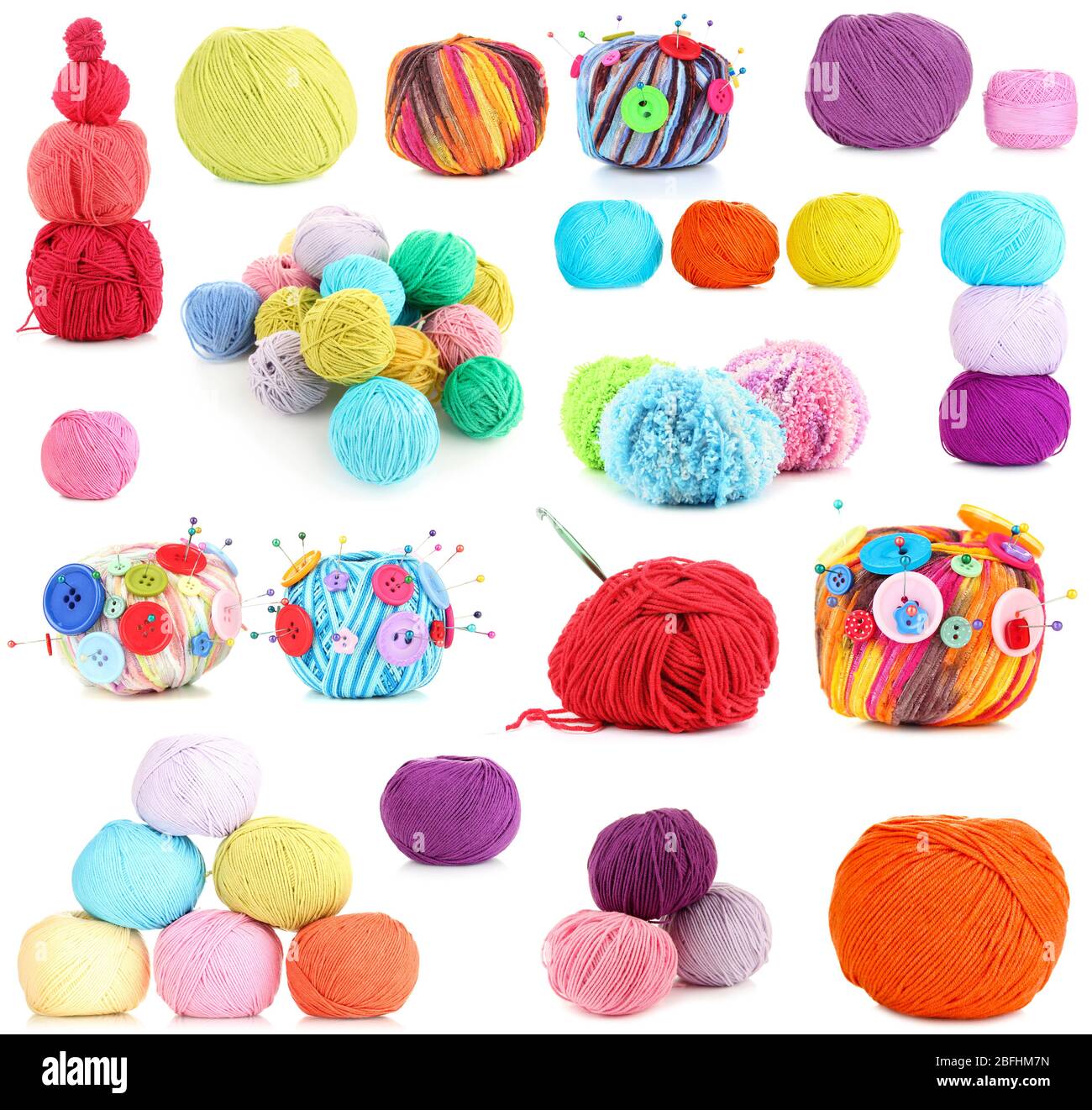 Collage of colorful knitting yarn isolated on white Stock Photo - Alamy