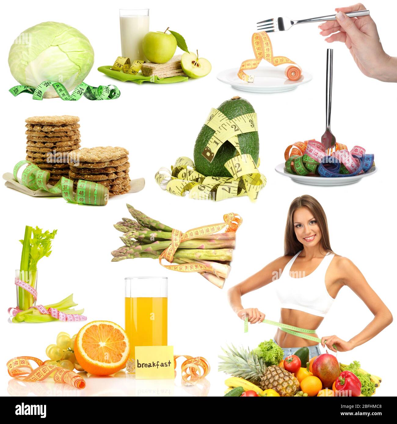 Collage of diet products isolated on white Stock Photo - Alamy