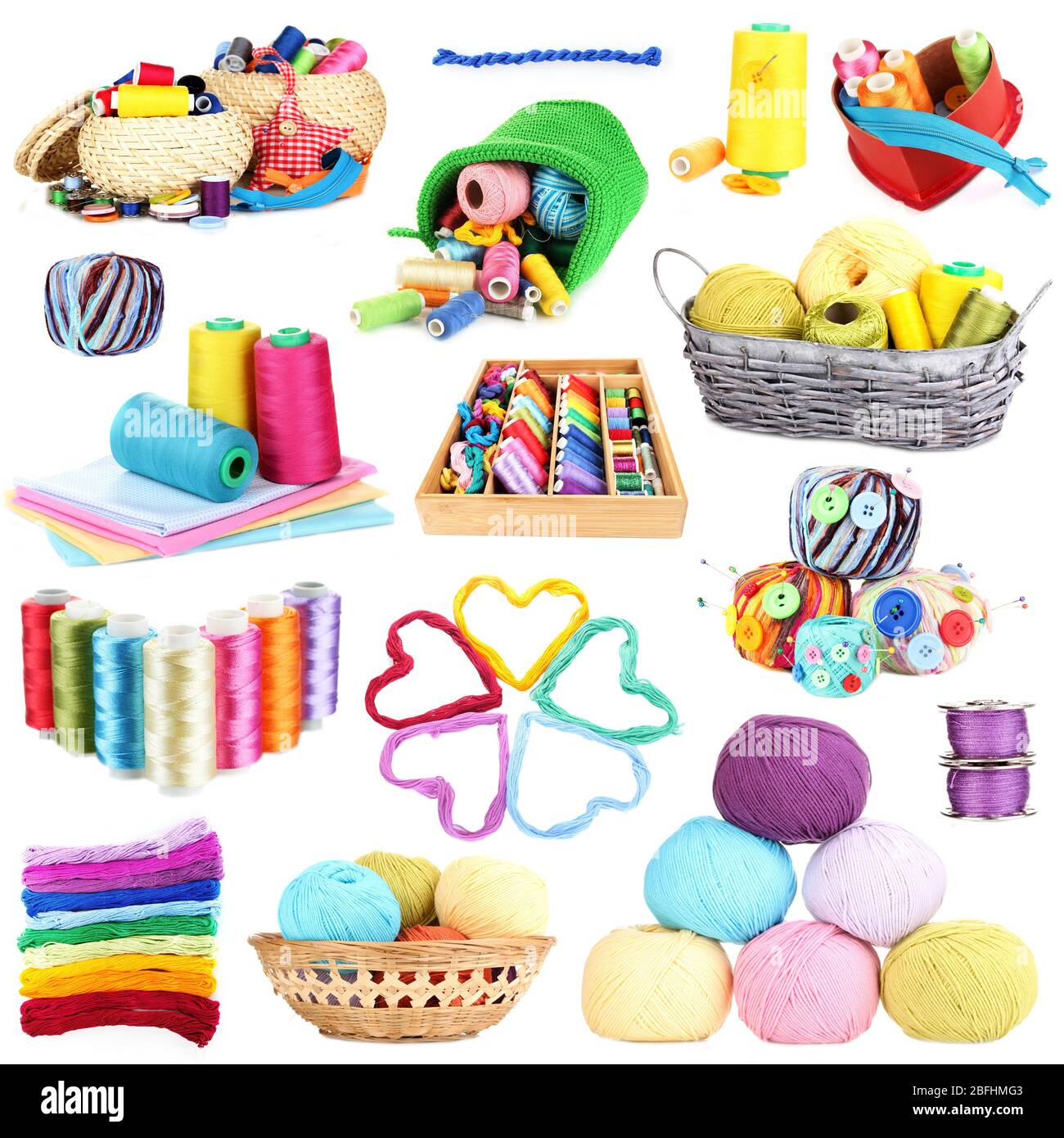 Collage of multicolored skeins of thread isolated on white Stock Photo ...